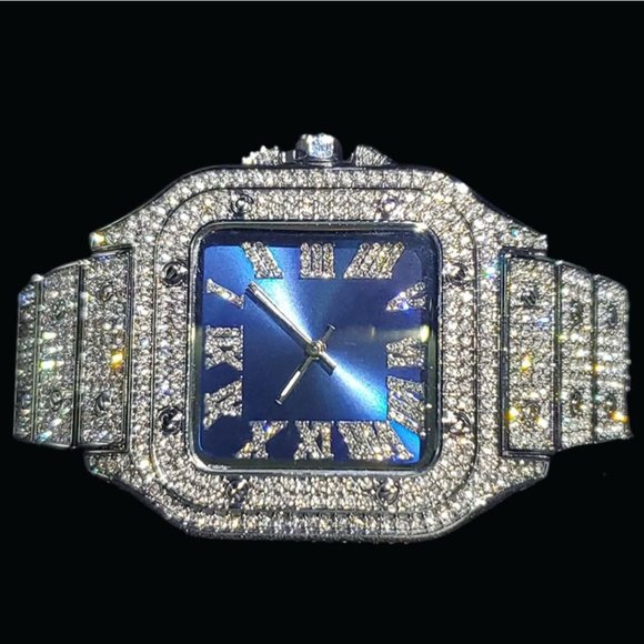 Watches | Accessories | Luxury Iced Out Square Body Blue Detailed Watch ...